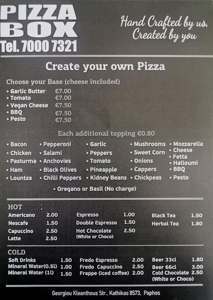 Menu at Pizza Box, Kathikas