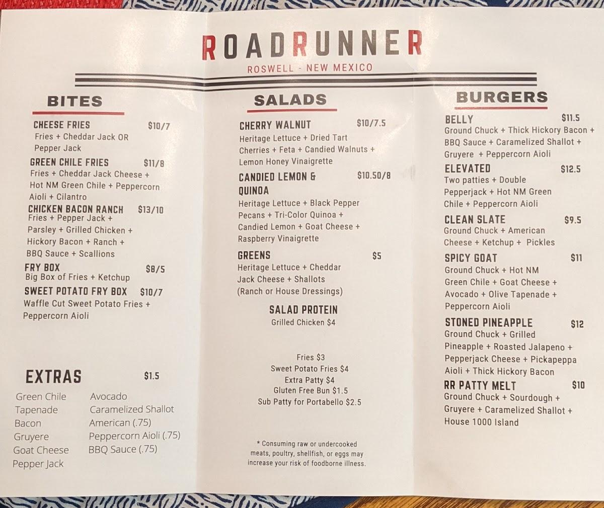 Menu at Roadrunner Cafe, Roswell
