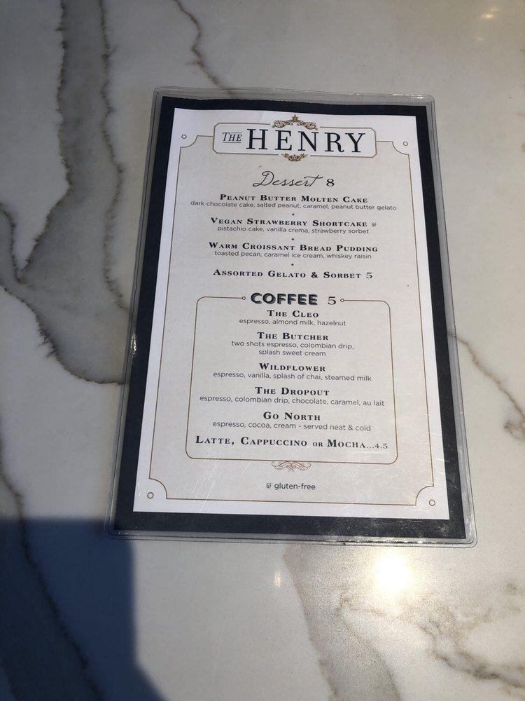 Menu at The Henry restaurant, Coronado