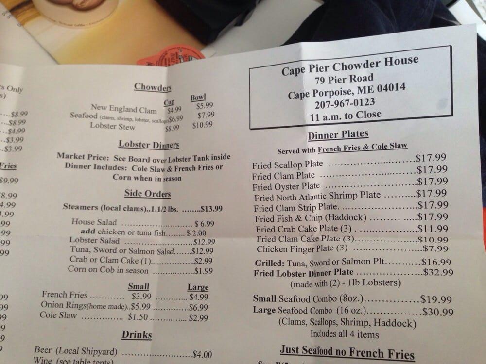 Menu at Cape Pier Chowder House restaurant, Kennebunkport