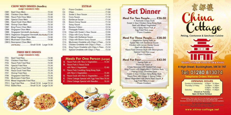 Menu at China Cottage fast food, Buckingham, 8A High St