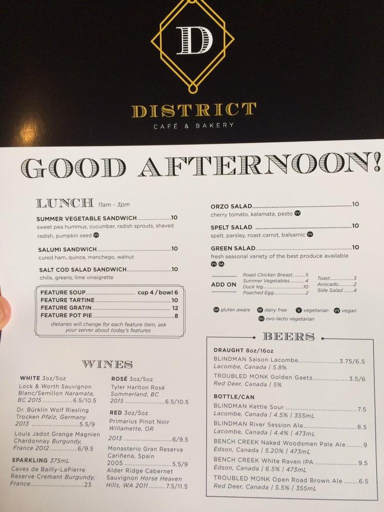 Menu at District Café & Bakery, Edmonton