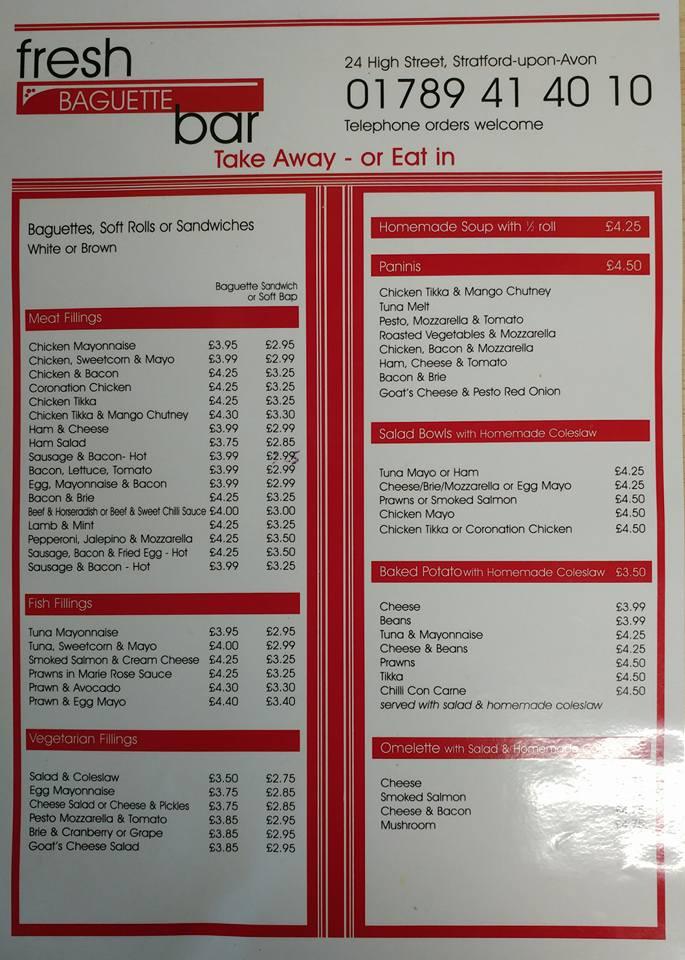 Menu at The Fresh Baguette Bar, Stratford-upon-Avon