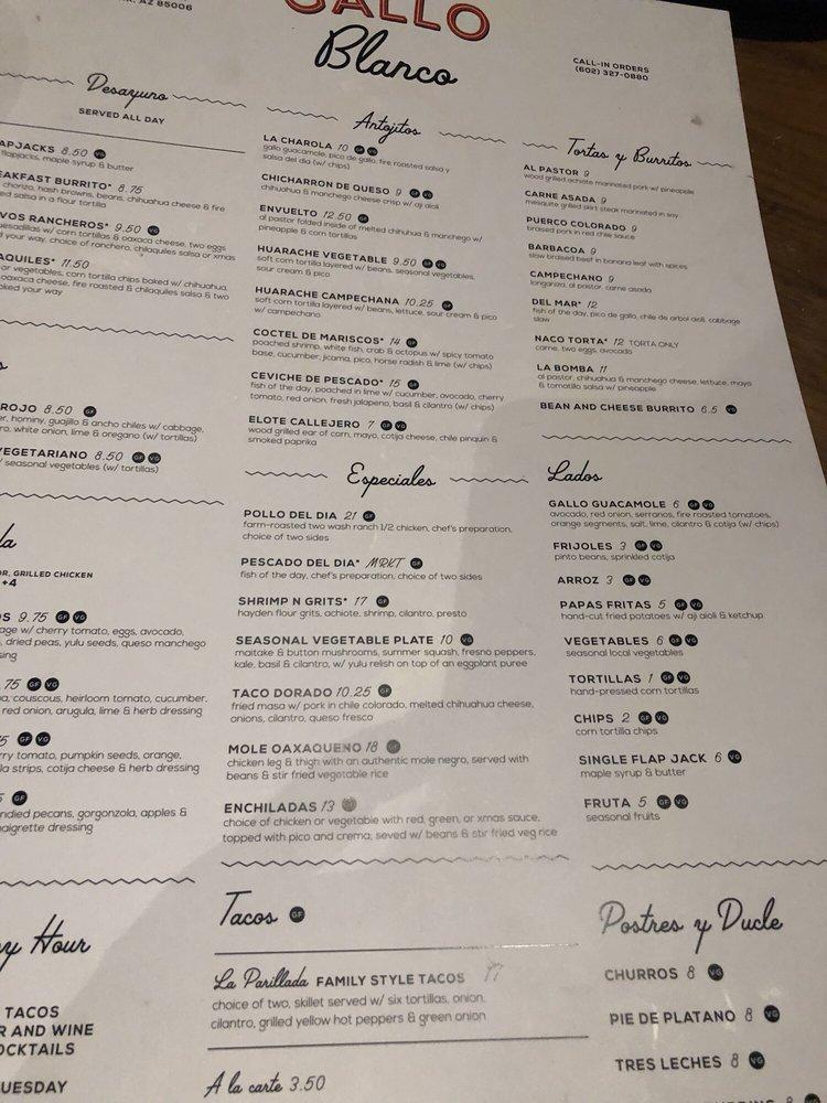 Menu at Gallo Blanco restaurant, Phoenix, 928 E Pierce St