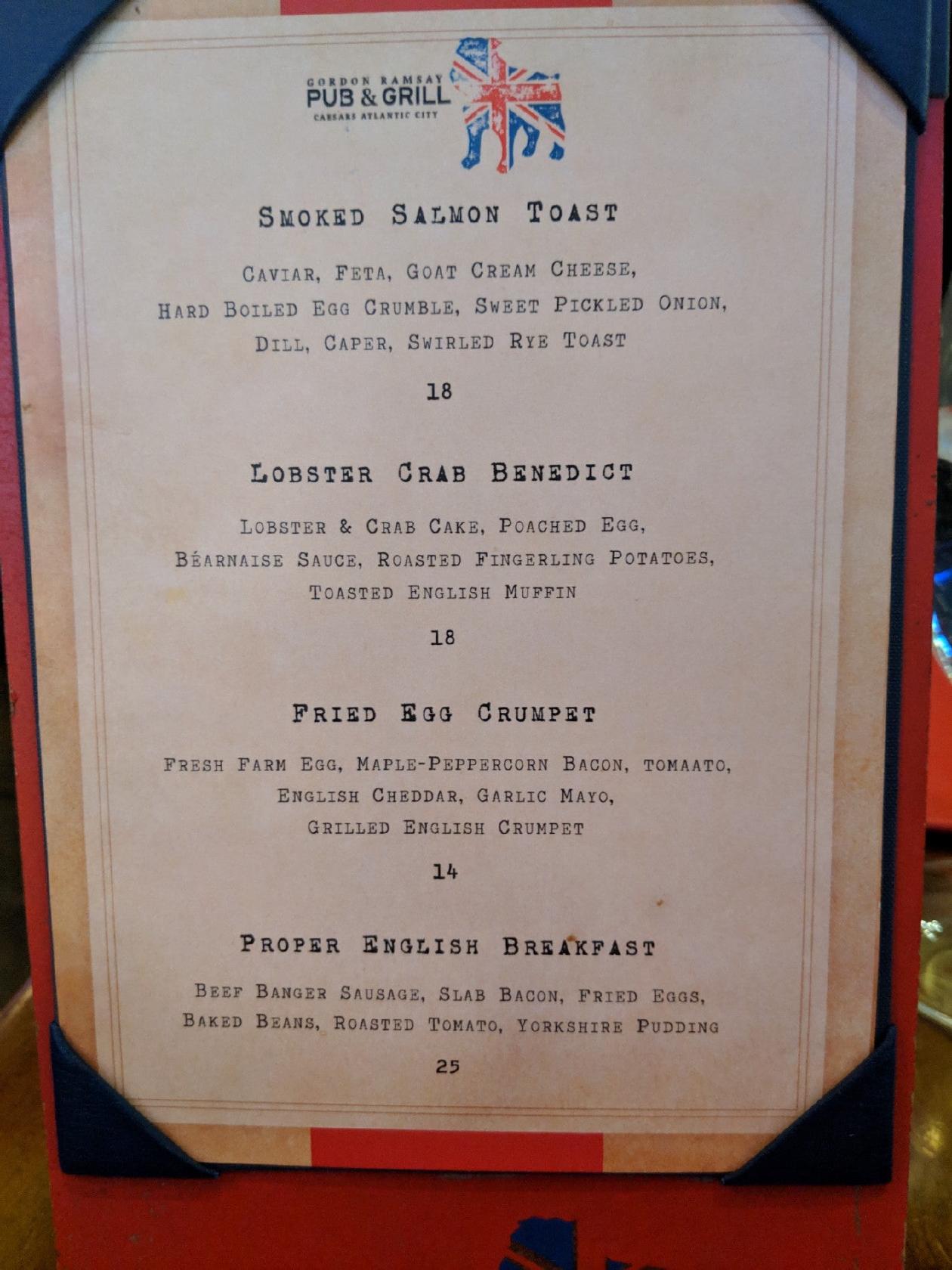 Menu at Gordon Ramsay Pub & Grill, Atlantic City