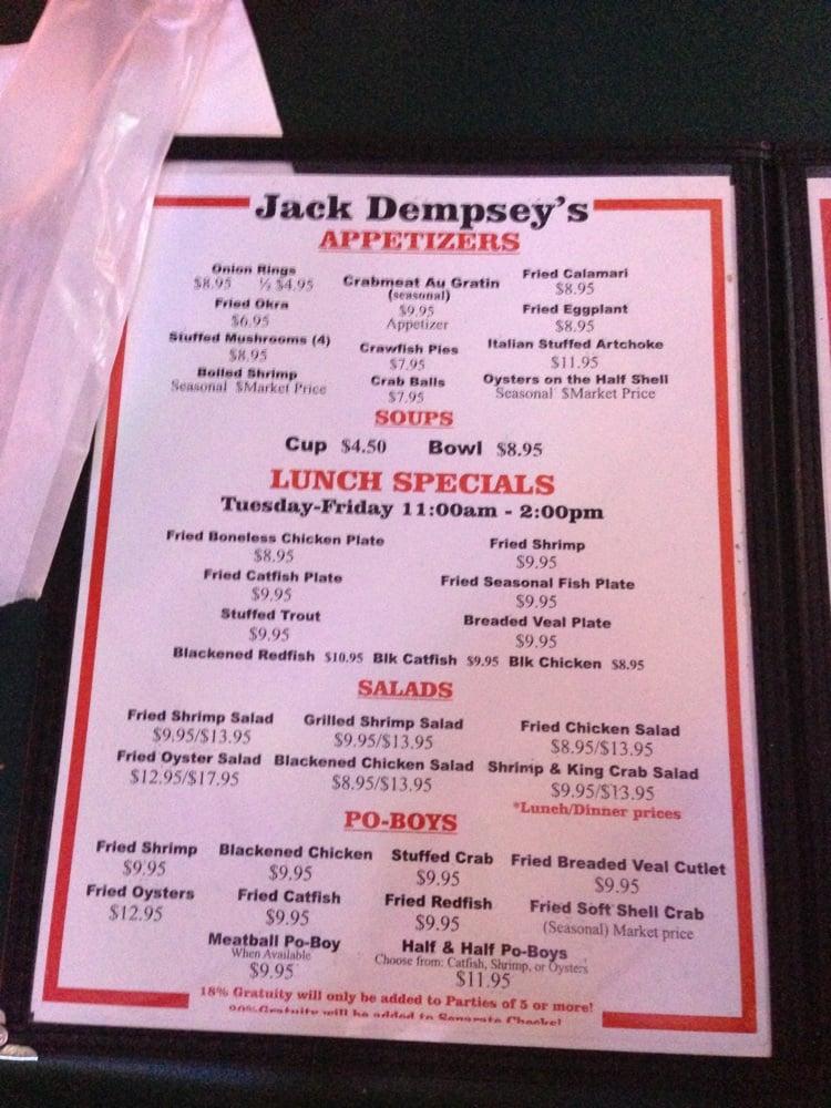 Menu at Jack Dempsey's Restaurant, New Orleans