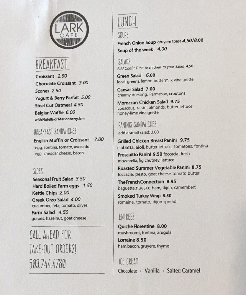Menu at Lark Café cafe, West Linn