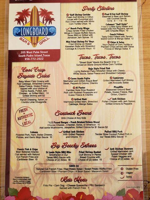 Menu at LongBoard Bar and Grill, South Padre Island
