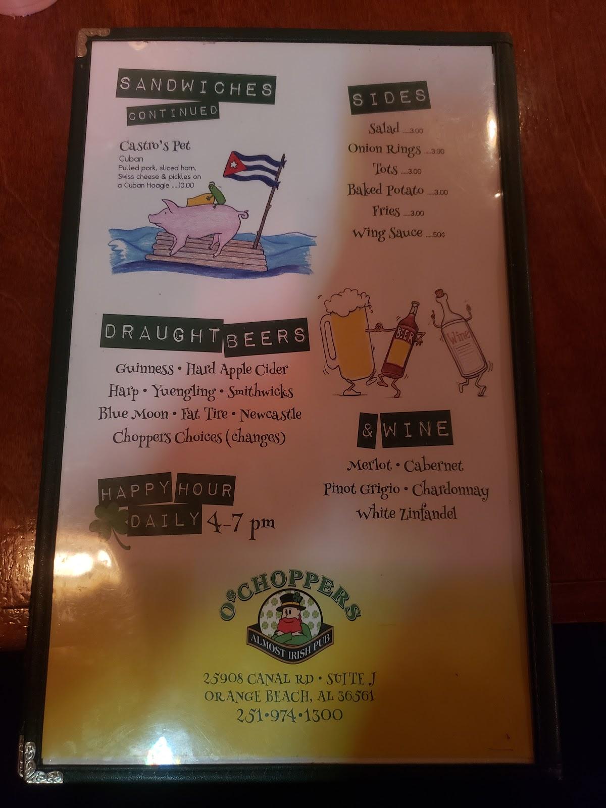 Menu at O'choppers pub & bar, Orange Beach, Canal Rd