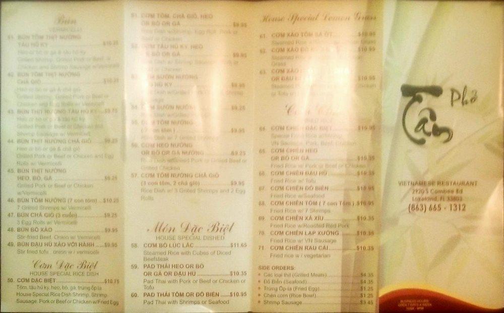 Menu at Pho Tan restaurant, Lakeland, S Combee Rd