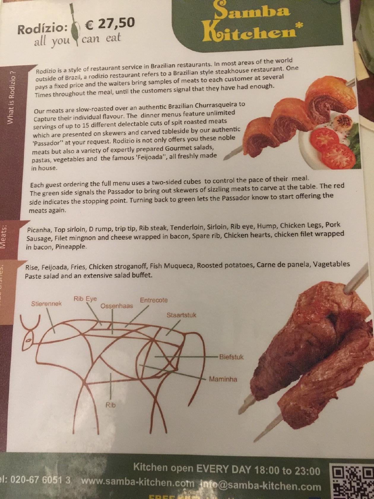 Menu at Samba Kitchen, Amsterdam, Ceintuurbaan 63