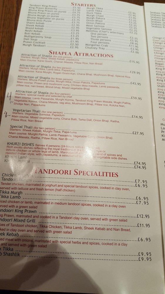 Menu at Shapla Tandoori restaurant, Lampeter