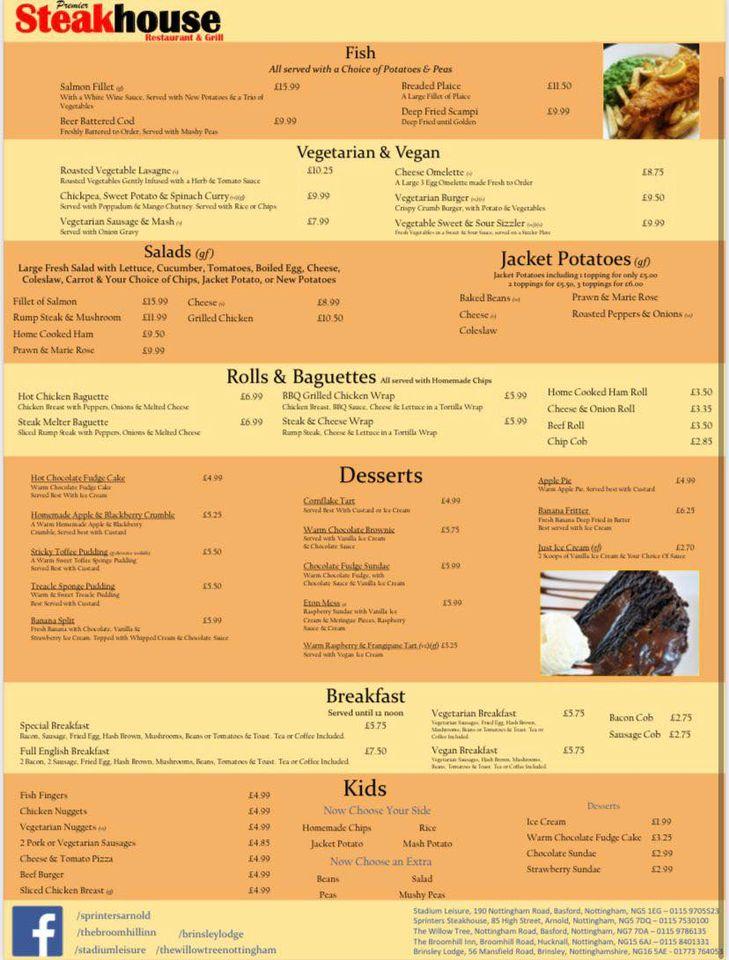 Menu at Sprinters Premier Steakhouse, Nottingham