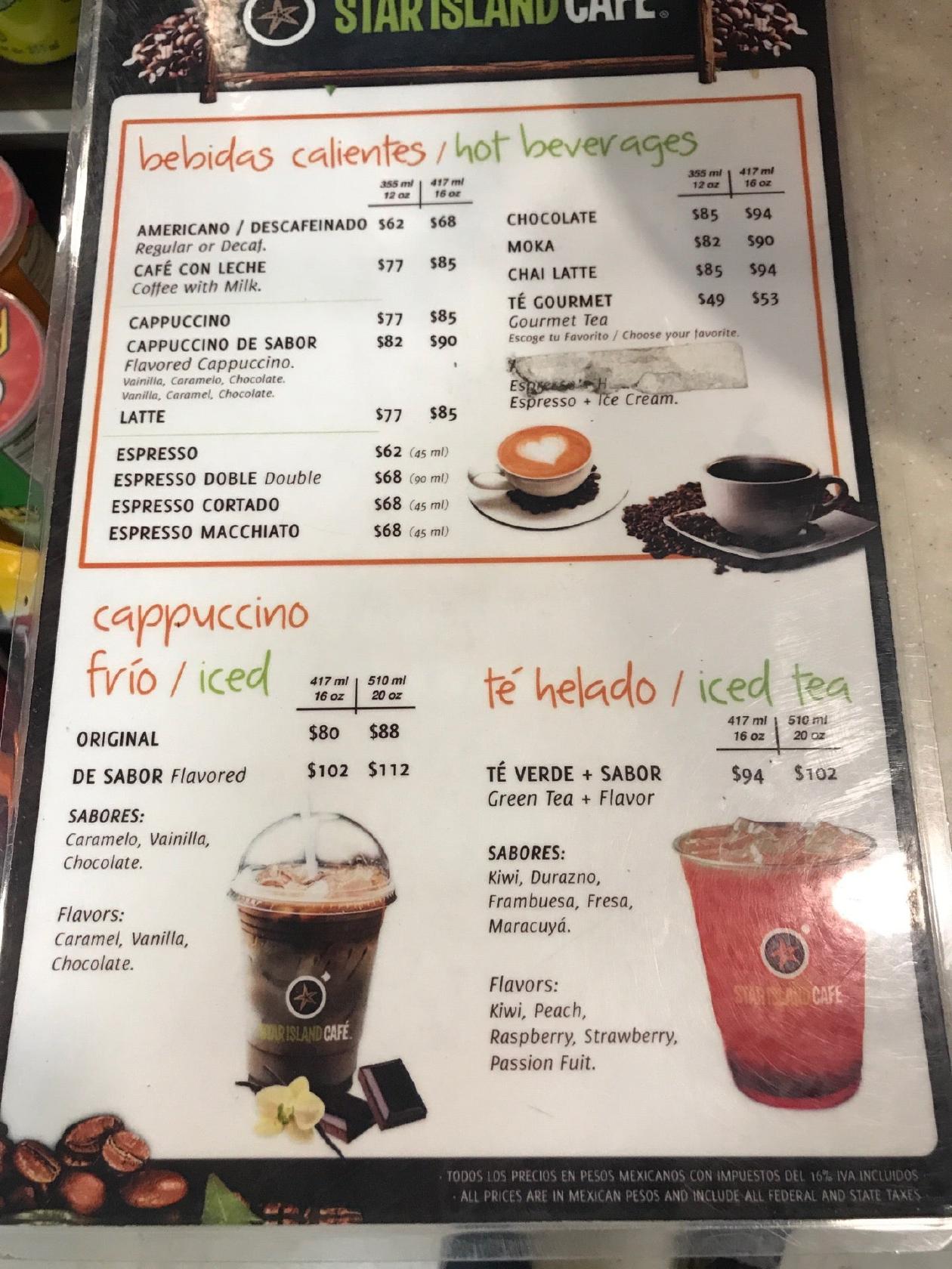 Menu at Star Island Café, Cancún