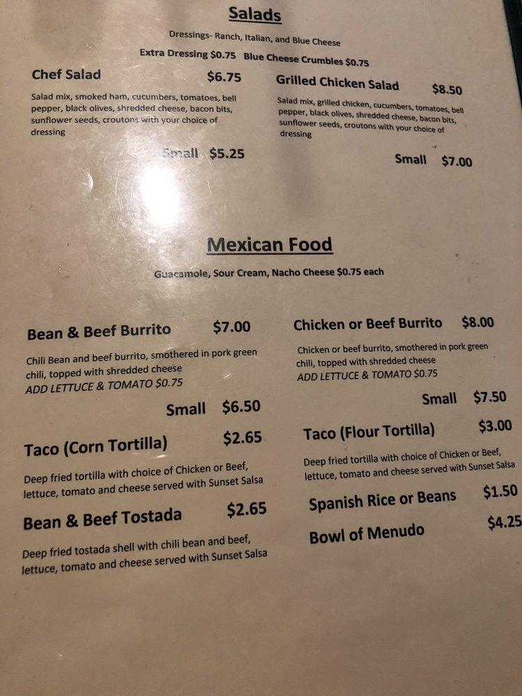 Menu at Sunset Inn pub & bar, Pueblo