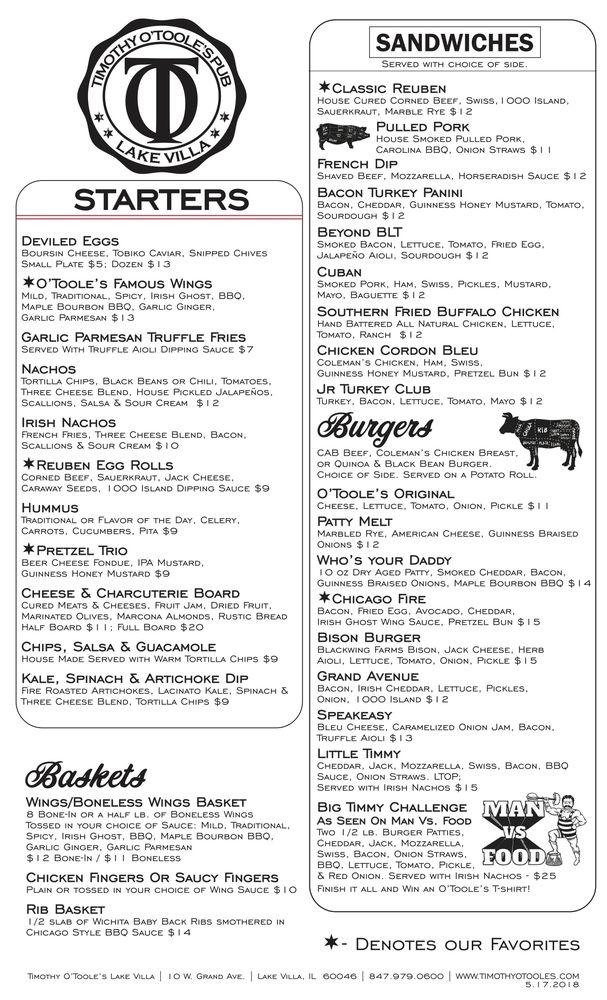 Menu at Timothy O'Toole's Pub Lake Villa, Lake Villa