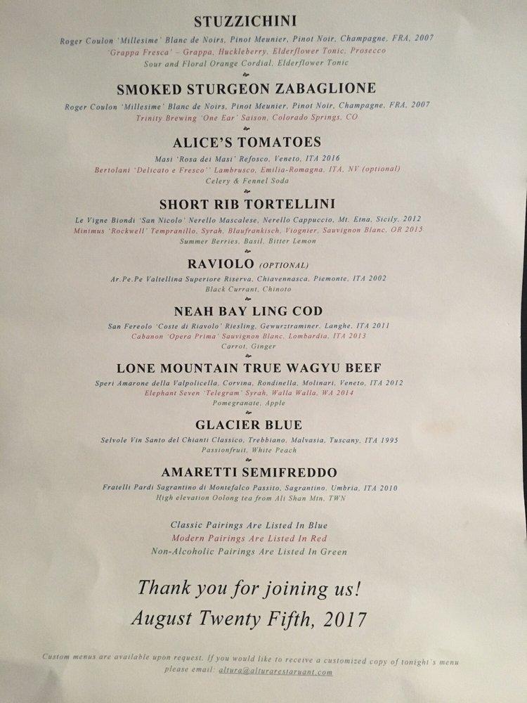 Menu at Altura restaurant, Seattle