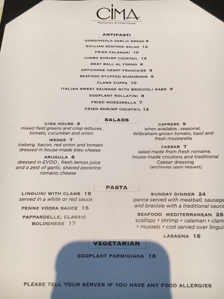 Menu at Cima Restaurant & Chop House, Wilbraham