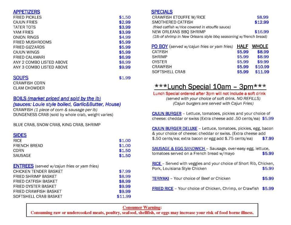 Menu at Crawfish House restaurant, Seattle