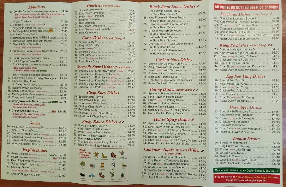 Menu at Hong Kong Chinese fast food, Blackpool, 309 Dickson Rd