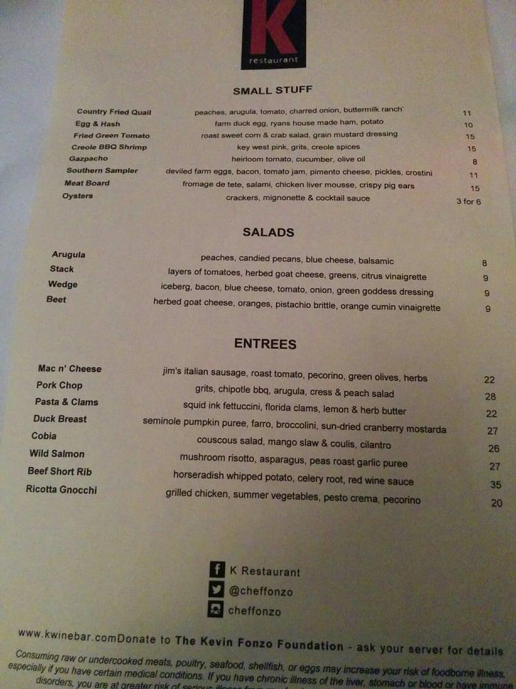 Menu at K Restaurant, Orlando