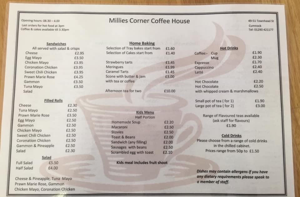 Menu at Millies Corner Coffee House, Cumnock