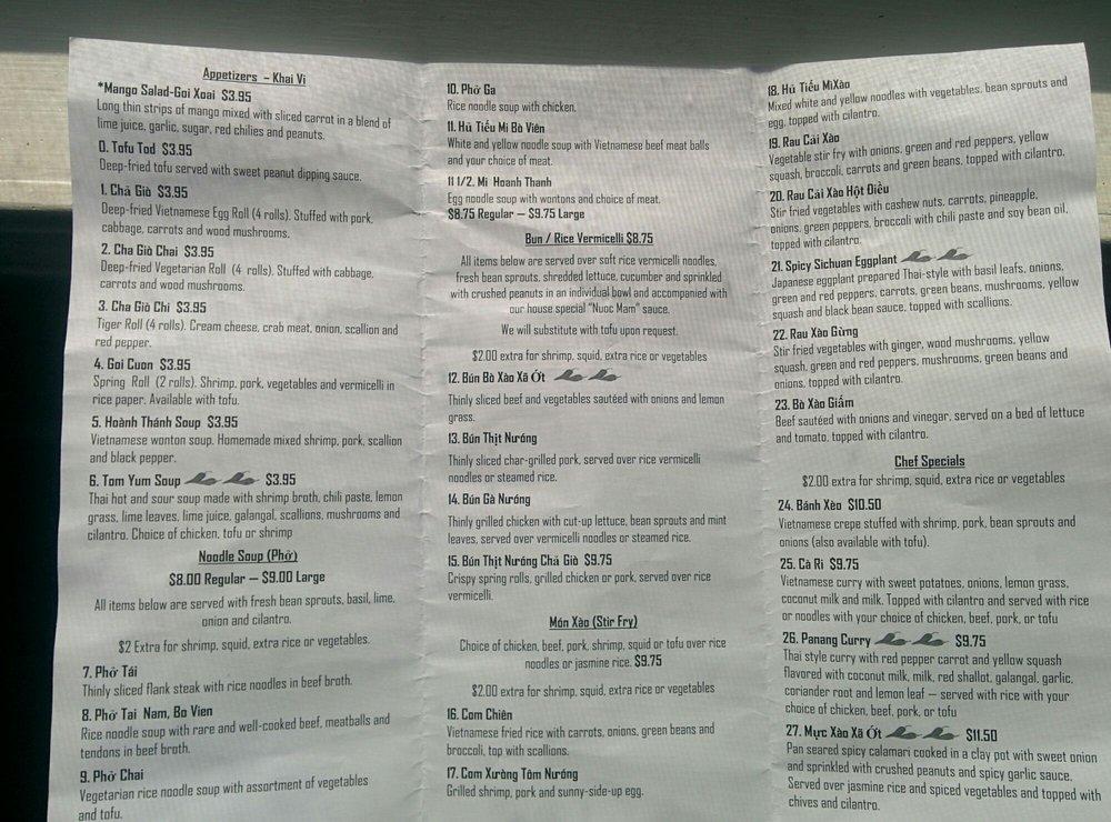 Menu at Pho Hong restaurant, Burlington