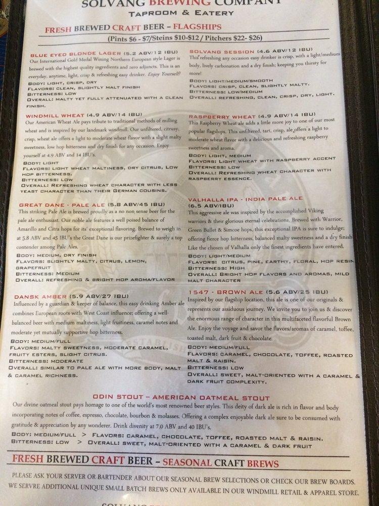 Menu at Solvang Brewing Company pub & bar, Solvang