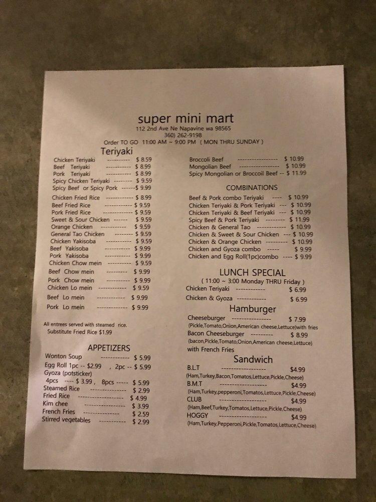 Menu at super mini mart, Napavine