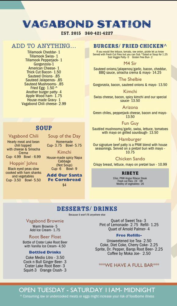 Menu at Vagabond Station restaurant, Anacortes