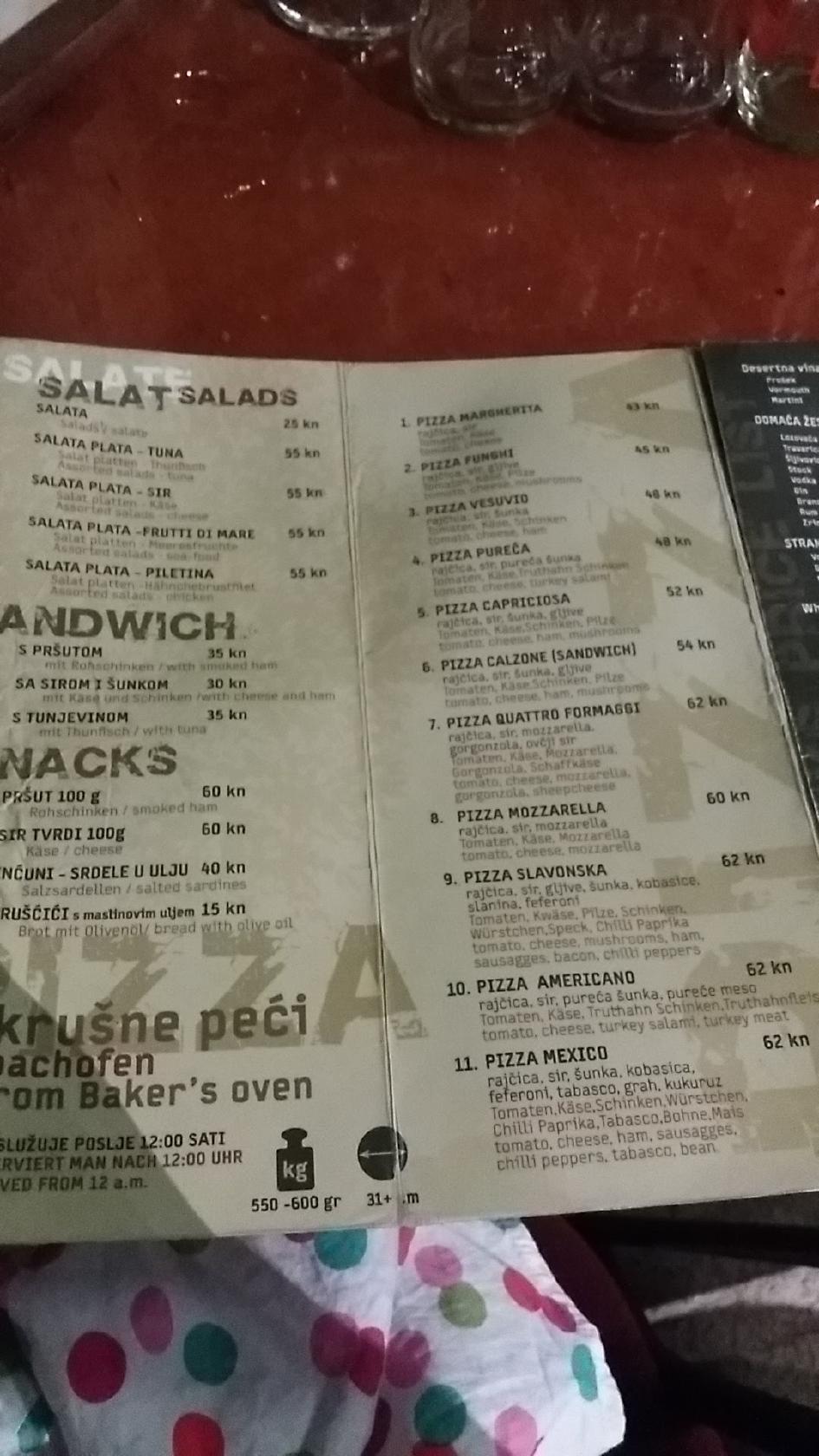Menu at bistro Olea restaurant, Tučepi