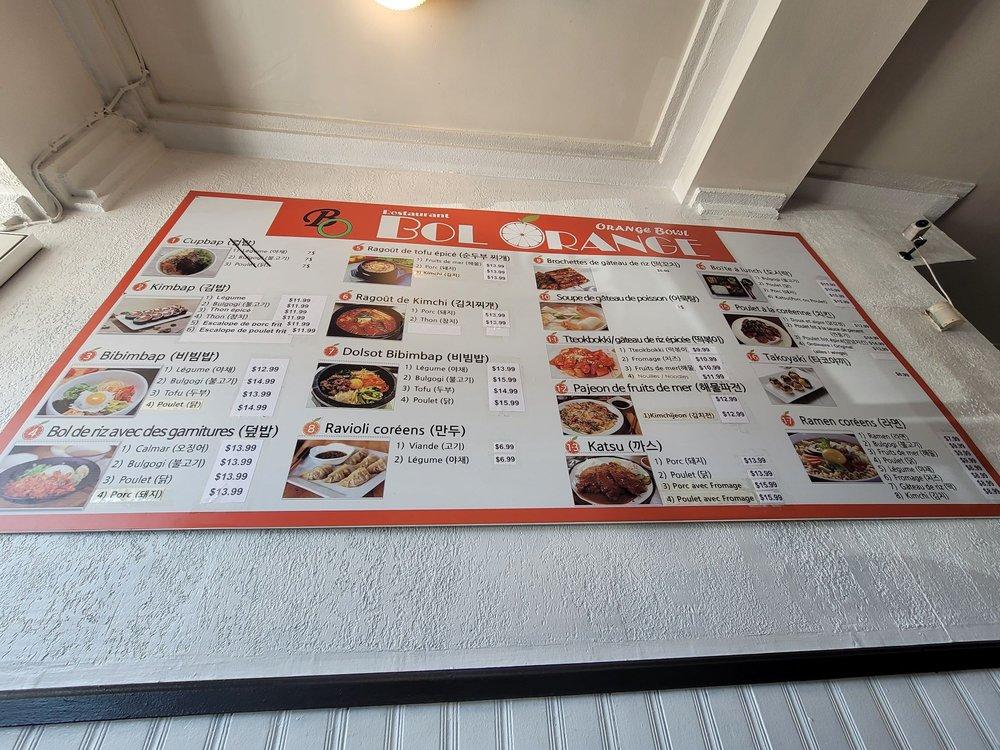 Menu at Bol Orange restaurant, Montréal