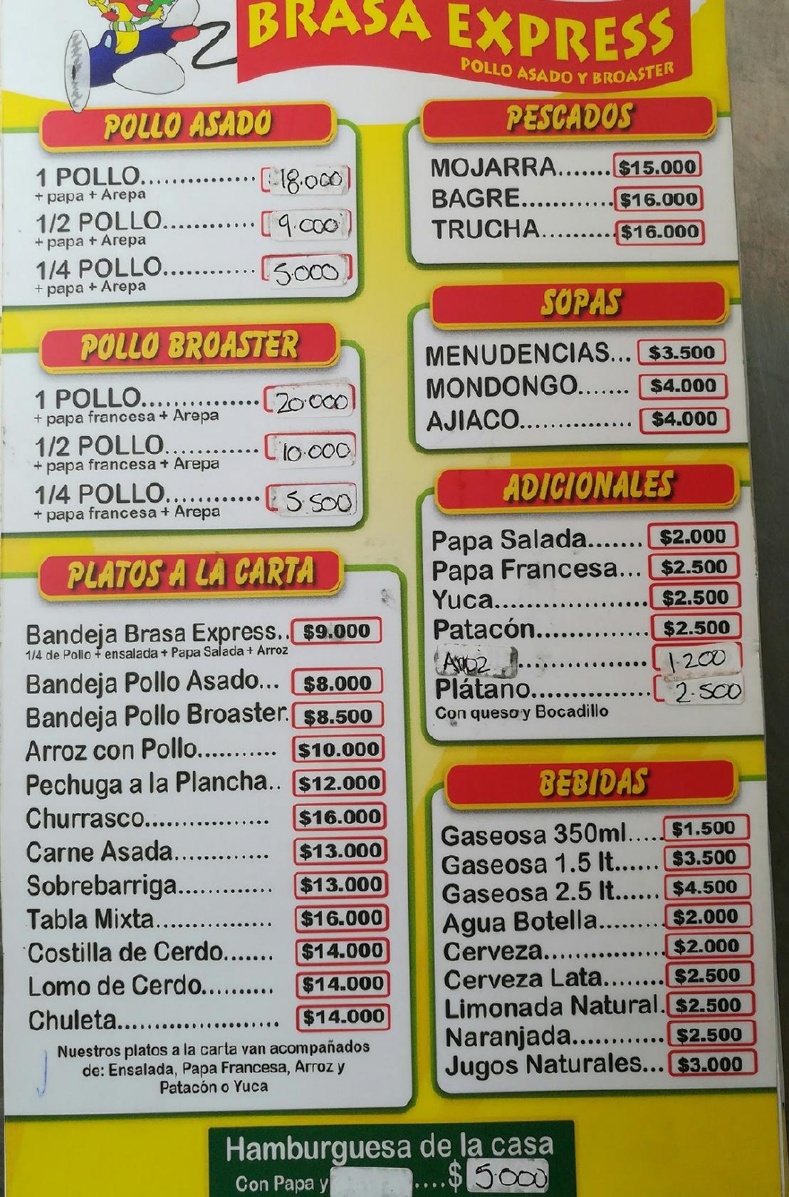 Menu at Brasa Express restaurant, Sogamoso
