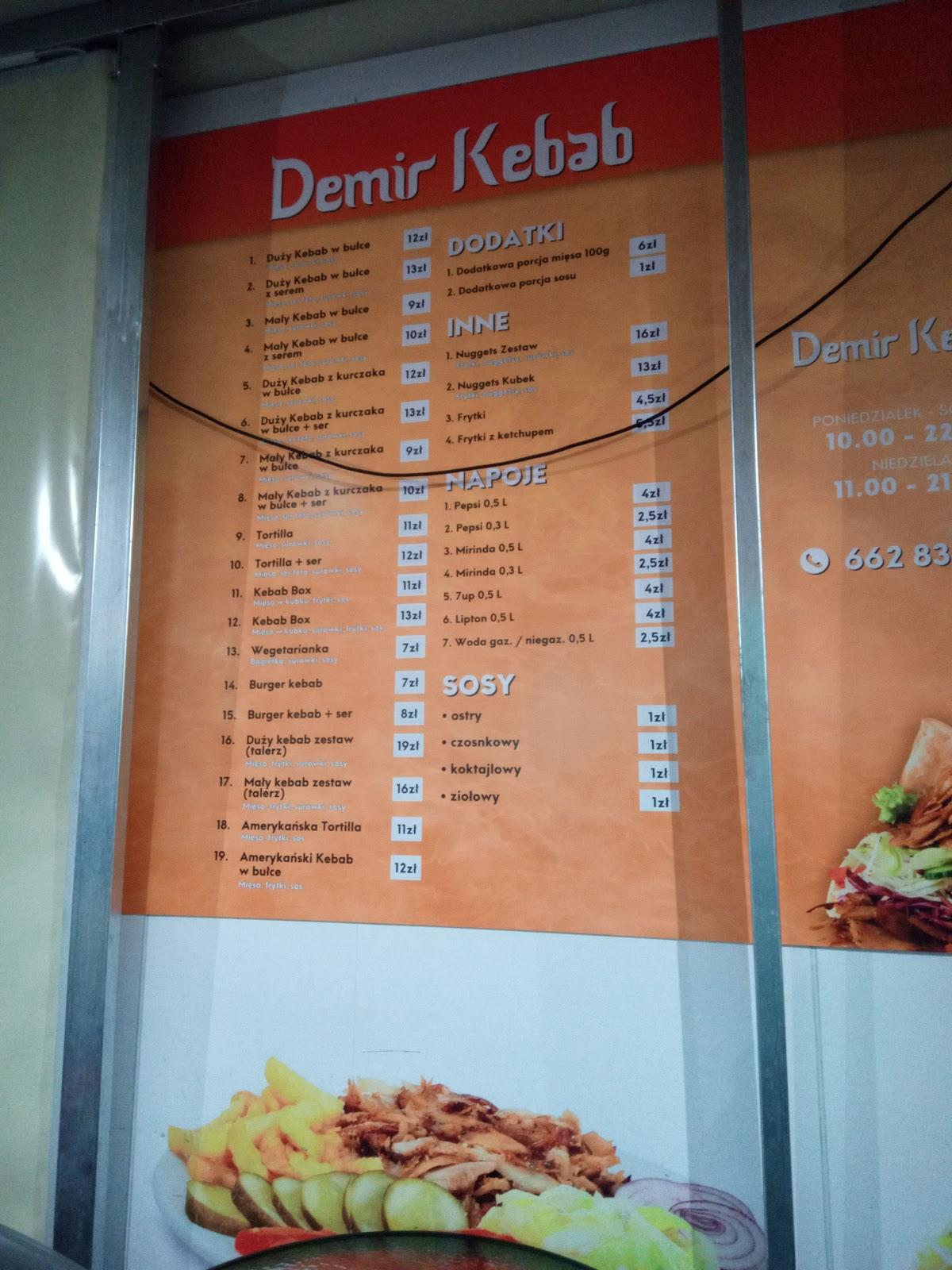 Menu at Demir Kebab, Nowy Tomysl