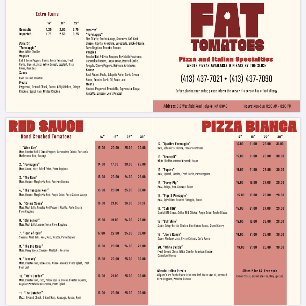 Carta de pizzería Fat Tomato, Holyoke