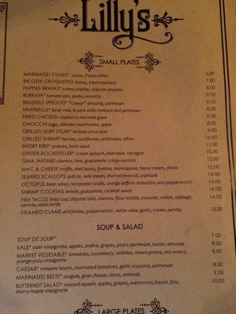 Menu at Lilly's restaurant, White Plains