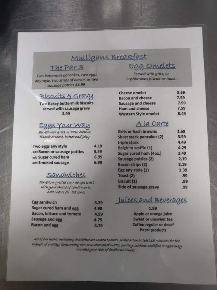 Menu at Mulligan's at GCC restaurant, Greer