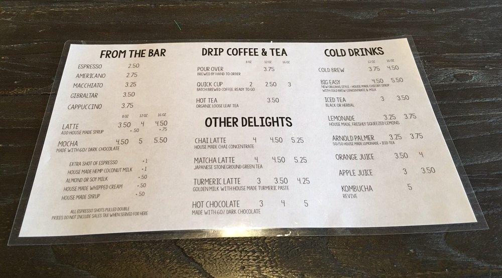 Menu at Retrograde Coffee Roasters cafe, Sebastopol
