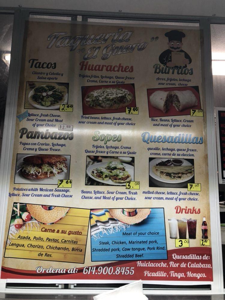 Menu at Taqueria El Guero restaurant, Grove City, Jackpot Rd