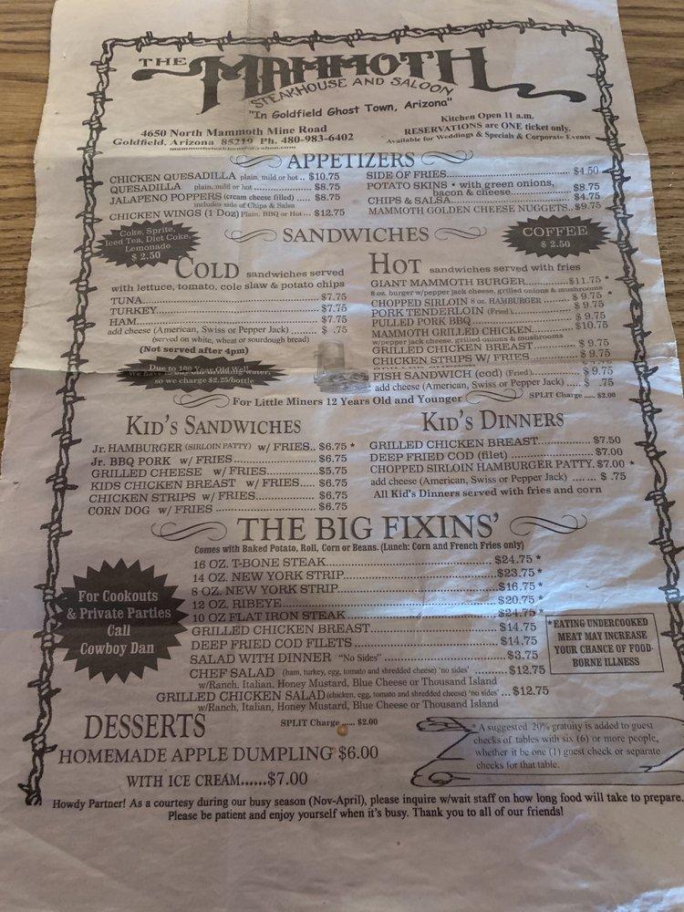 Menu at Mammoth Steak House and Saloon steakhouse, Apache Junction