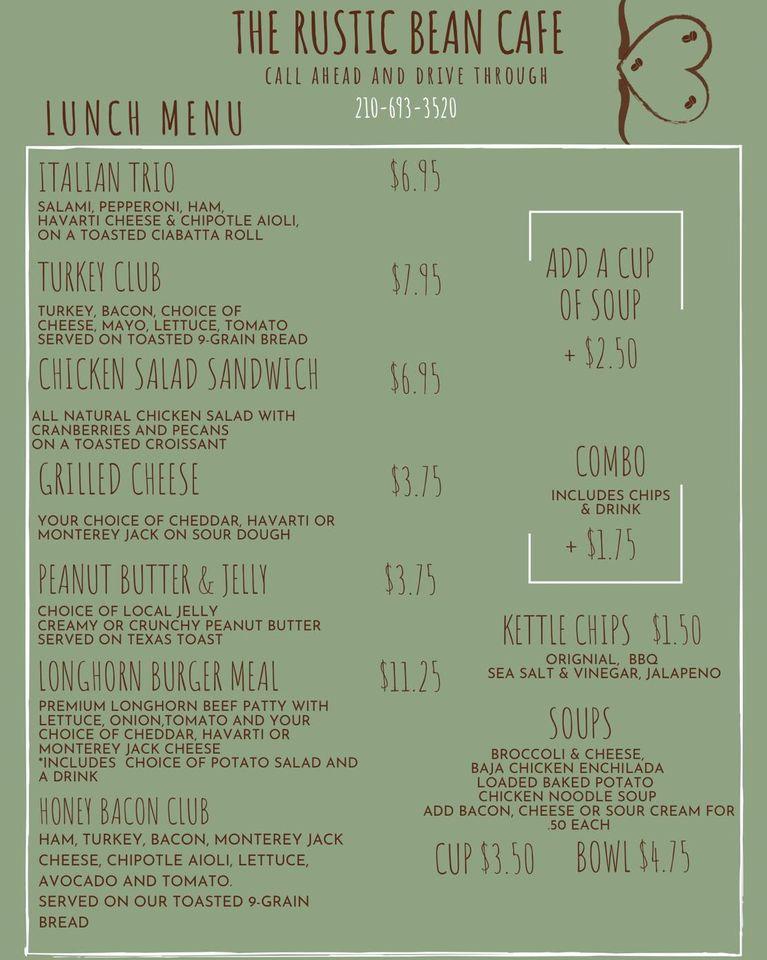 Menu at The Rustic Bean Cafe, Bulverde