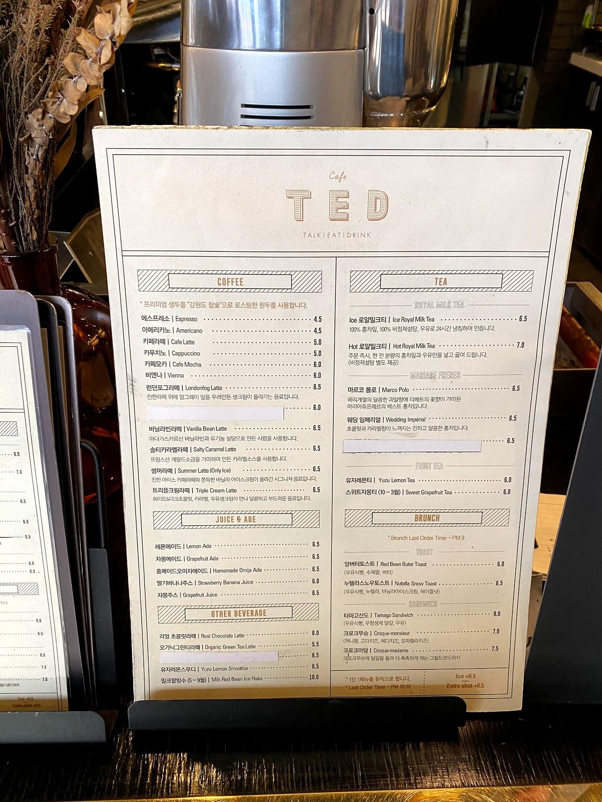 Menu at Cafe TED, Daegu