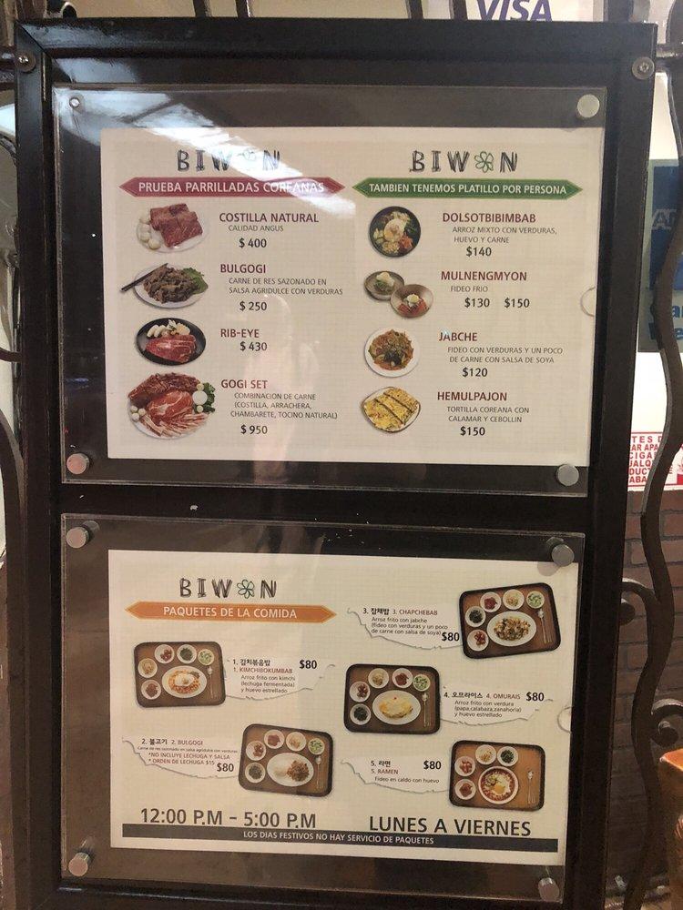 Menu at Biwon restaurant, Mexico City