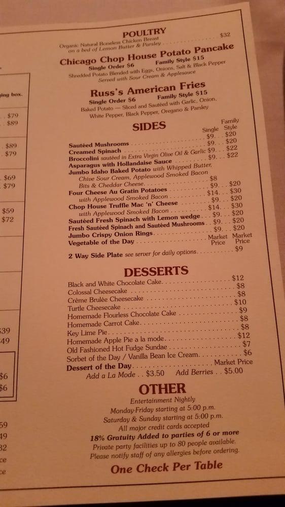 Menu at Chicago Chop House pub & bar, Chicago