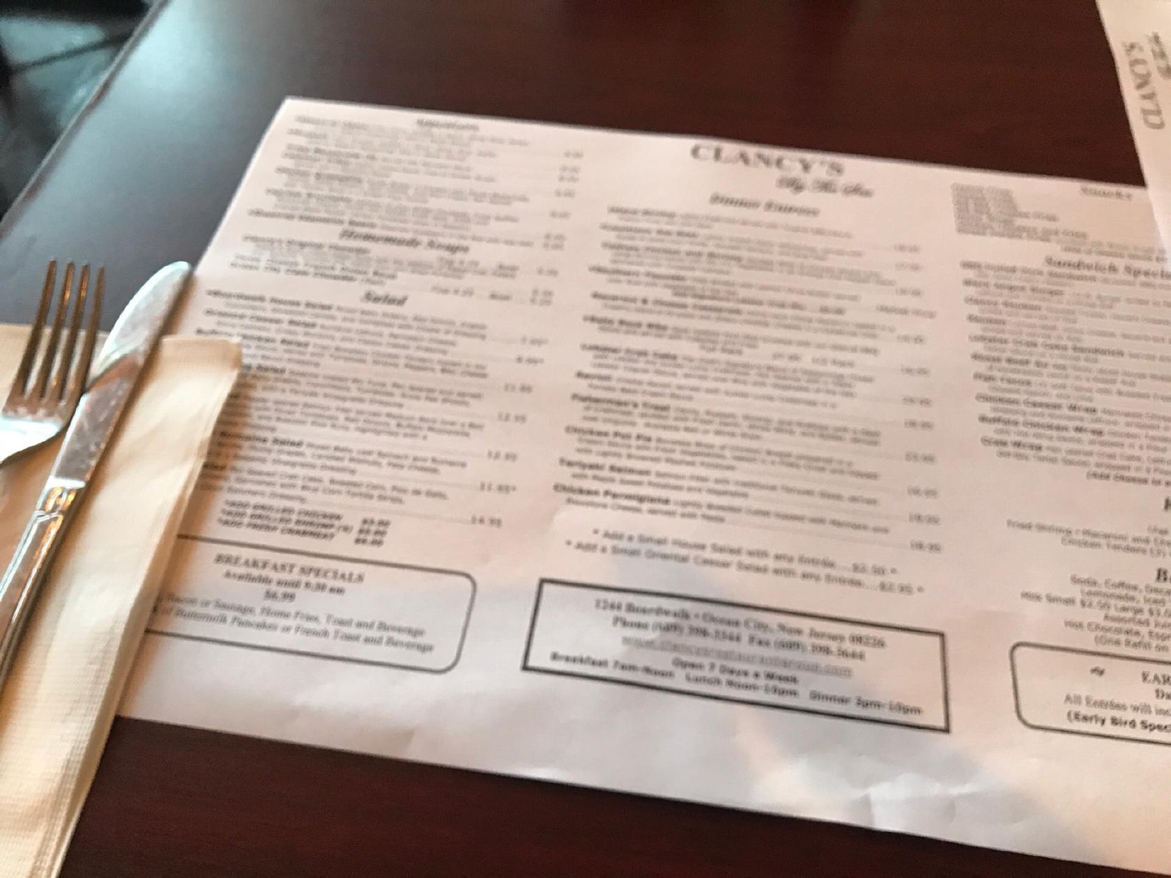 Menu at Clancy's by the Sea restaurant, Ocean City