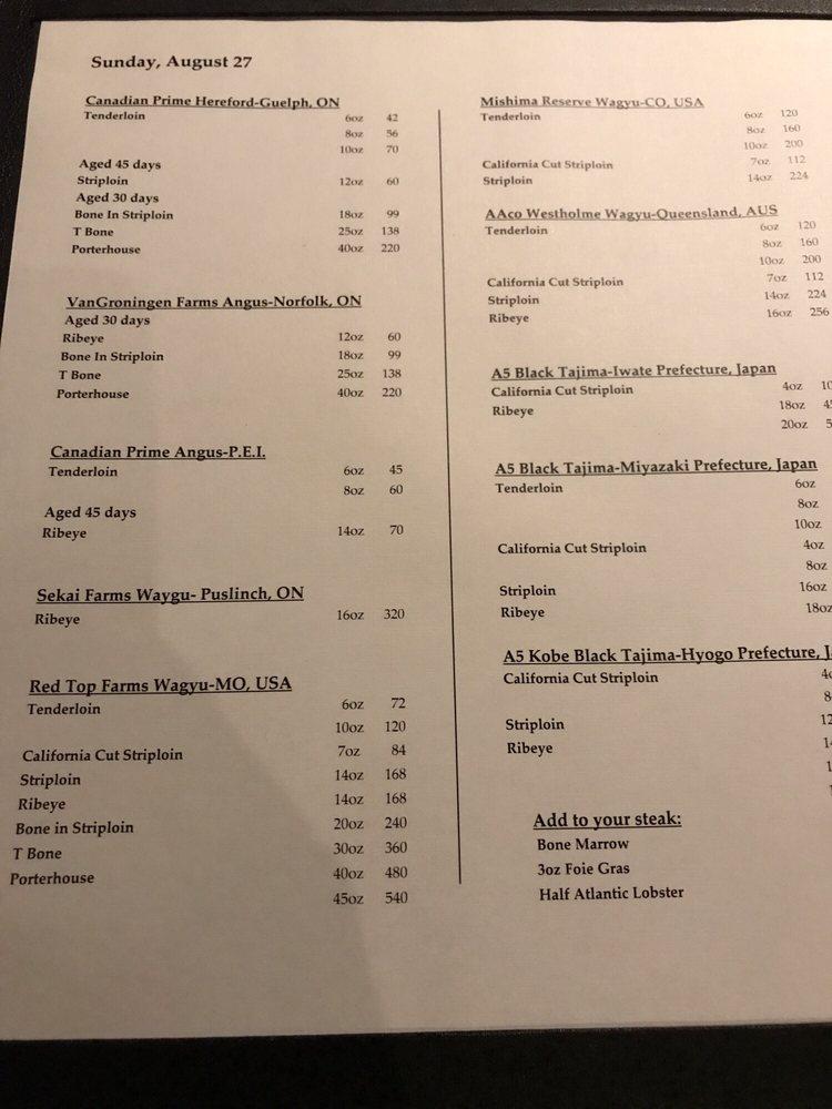 Menu at Jacobs & Co. Steakhouse, Toronto, 12 Brant St