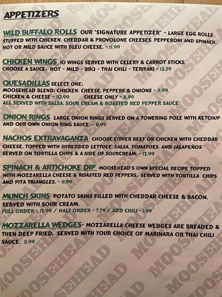 Menu at Moosehead Saloon pub & bar, Westlake