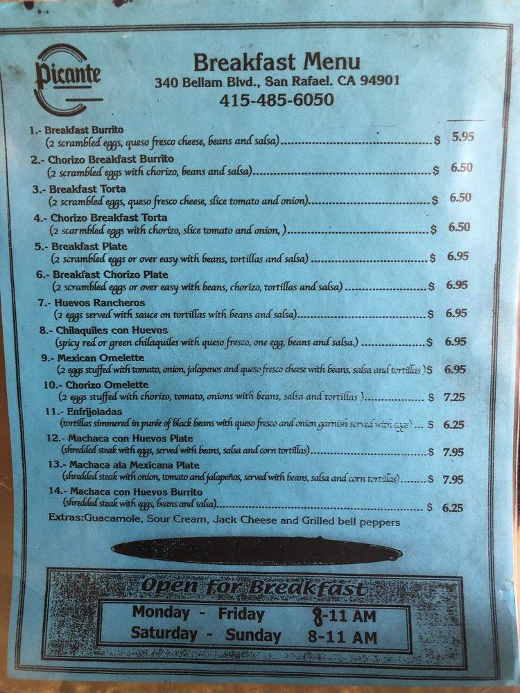 Menu at Picante restaurant, San Rafael