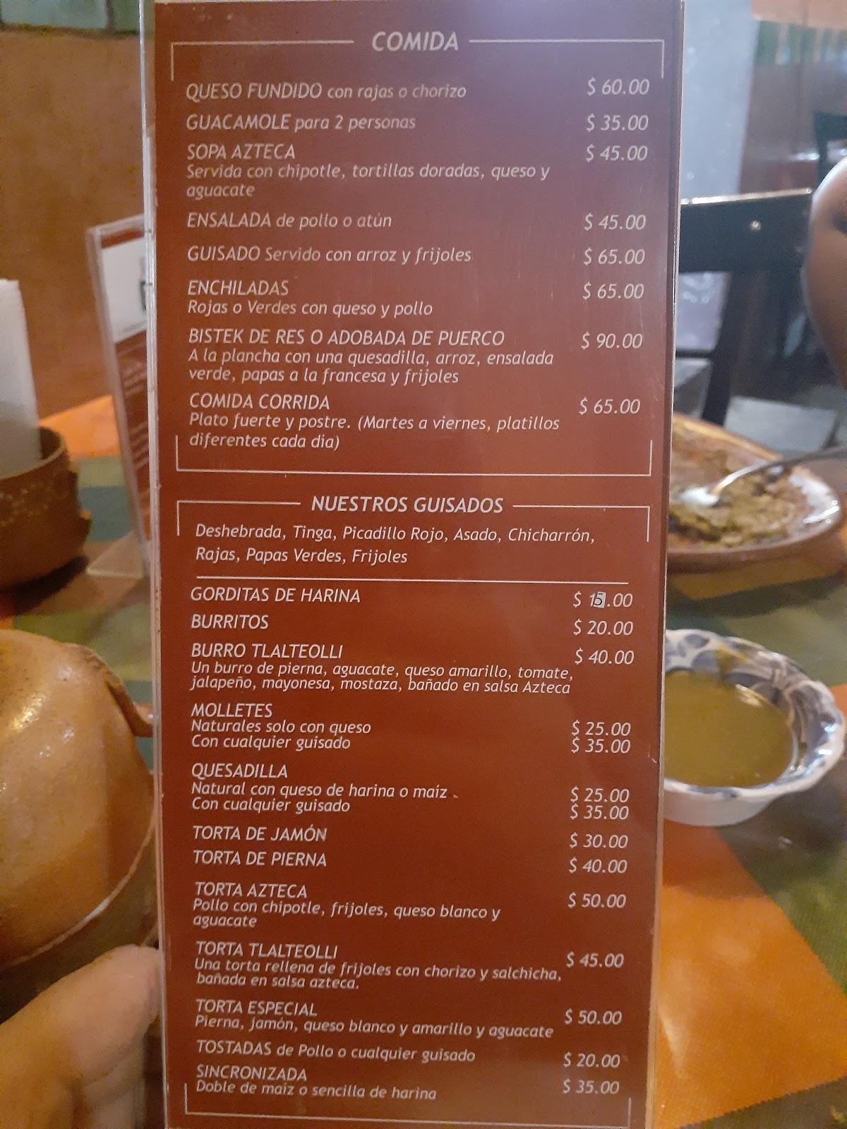 Menu at Rincon Azteca restaurant, Durango, C. Francisco de Urdinola 311