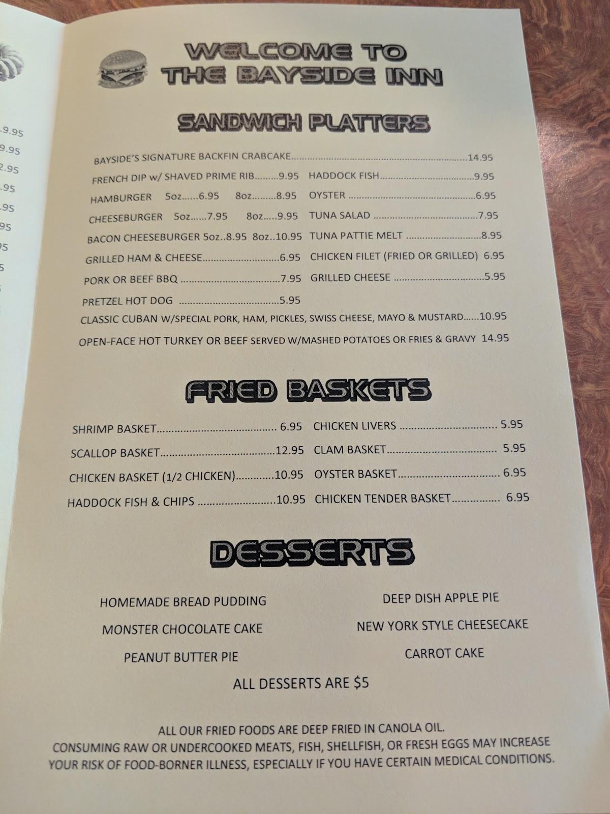 Menu at Bayside Inn steakhouse, Edgewater, Mayo Rd